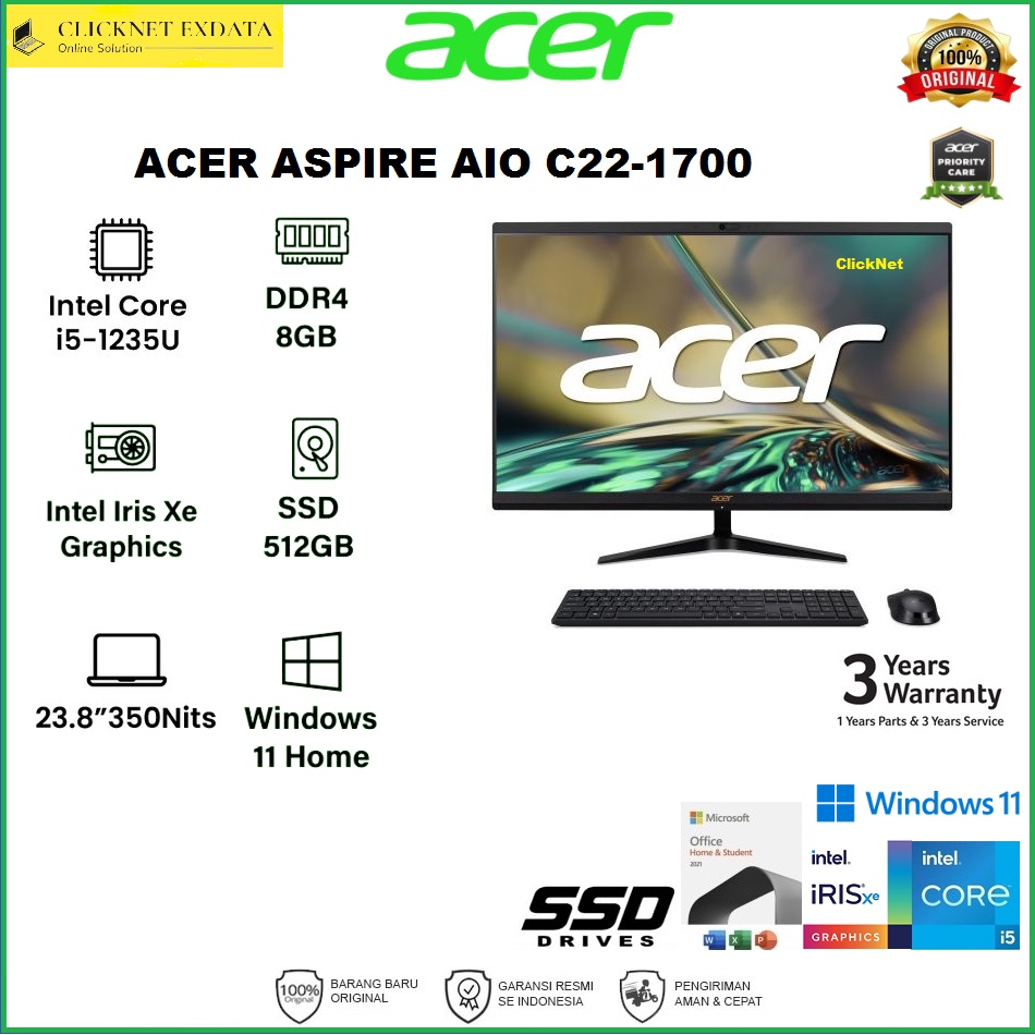Jual ACER Aspire PC AIO C22-1700 I5-1235U 8GB 512GB SSD FHD Iris Xe W11 ...