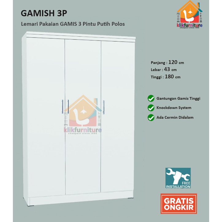 Jual Lemari Gamis Gamish Pakaian 3 Pintu Putih GAMISH 3P | Shopee Indonesia