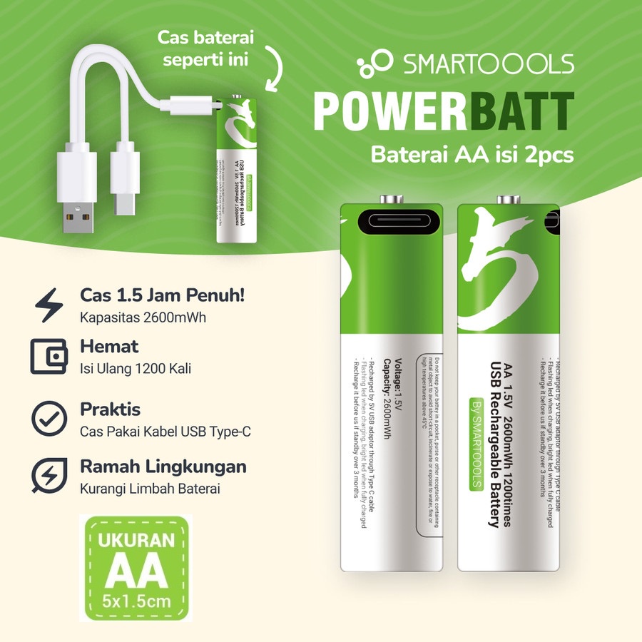 Jual Smartoools PowerBatt USB Type-C Rechargeable Type AA | Shopee ...