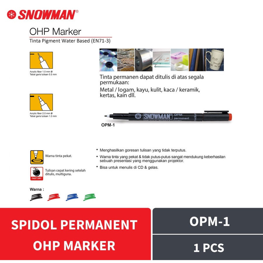 Jual Spidol Permanent Snowman OHP Marker OPM-1 Medium 1.0 mm Hitam ...