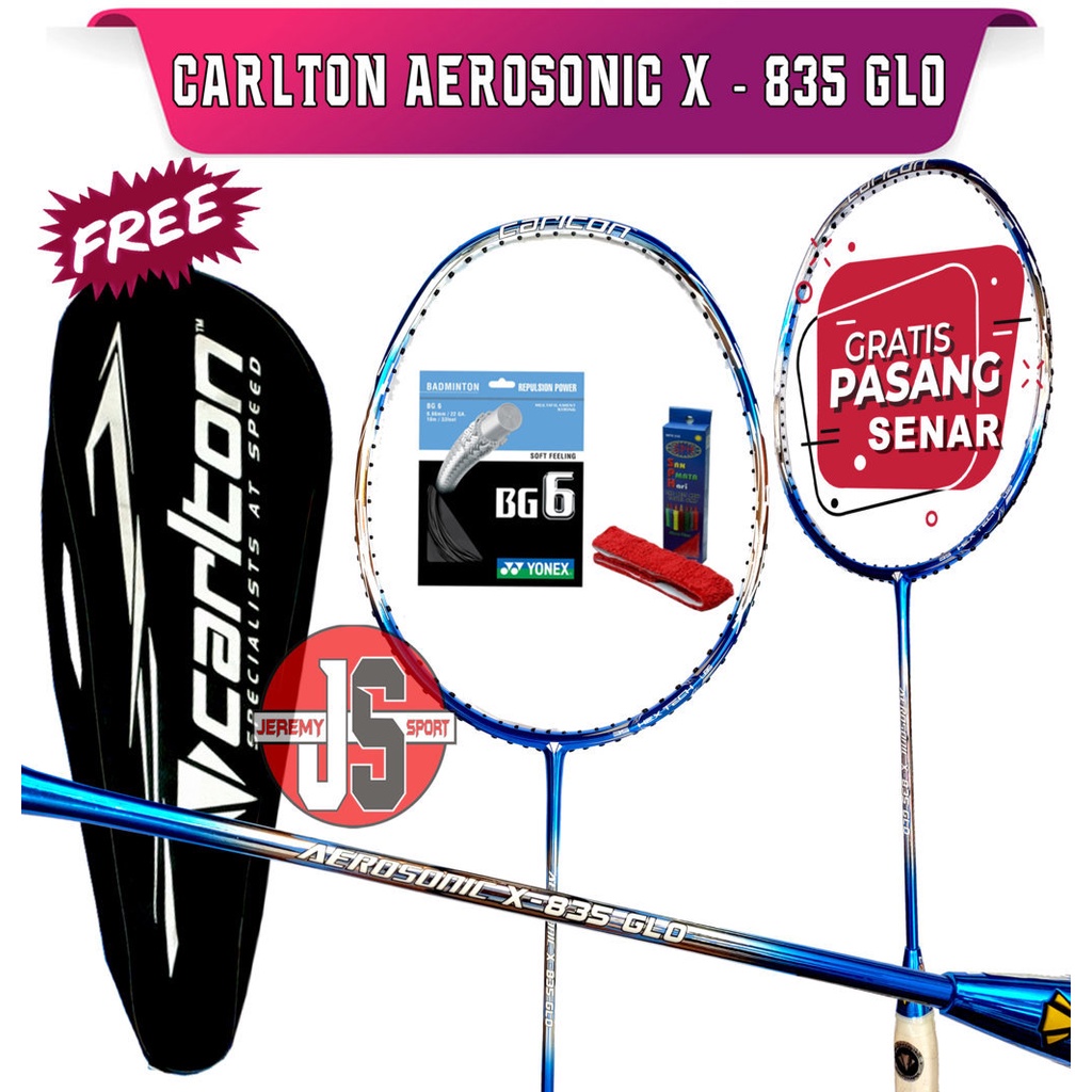 Jual Raket Badminton Carlton Aerosonic X-835 GLO Original Dan Senar Yonex BG 6 SP Dan Grip Karet ...