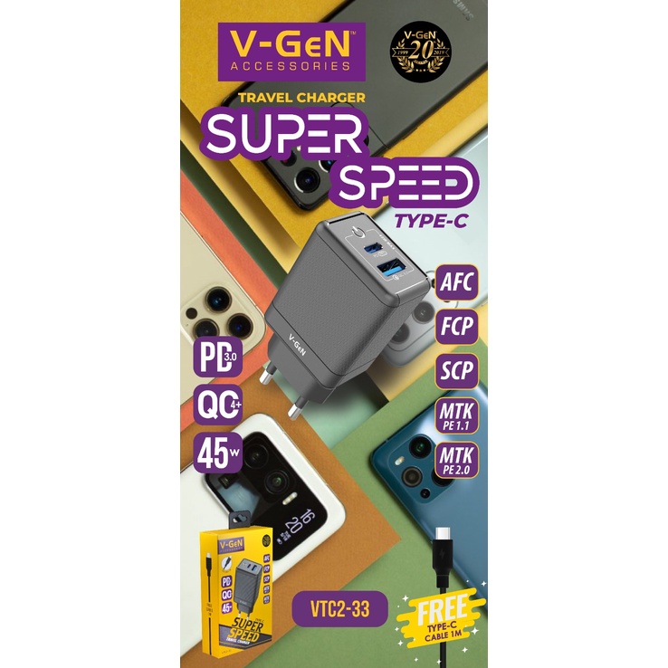 Jual V-GeN VTC2-33 (charger total 2 port (USB-A + Type-C) 45W, FCP, SCP ...