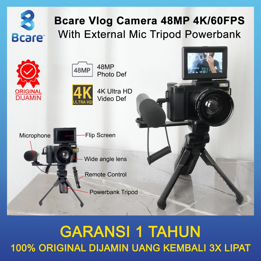 Jual Bcare Vlog Camera 48MP 4K/60FPS External Mic Tripod Powerbank ...