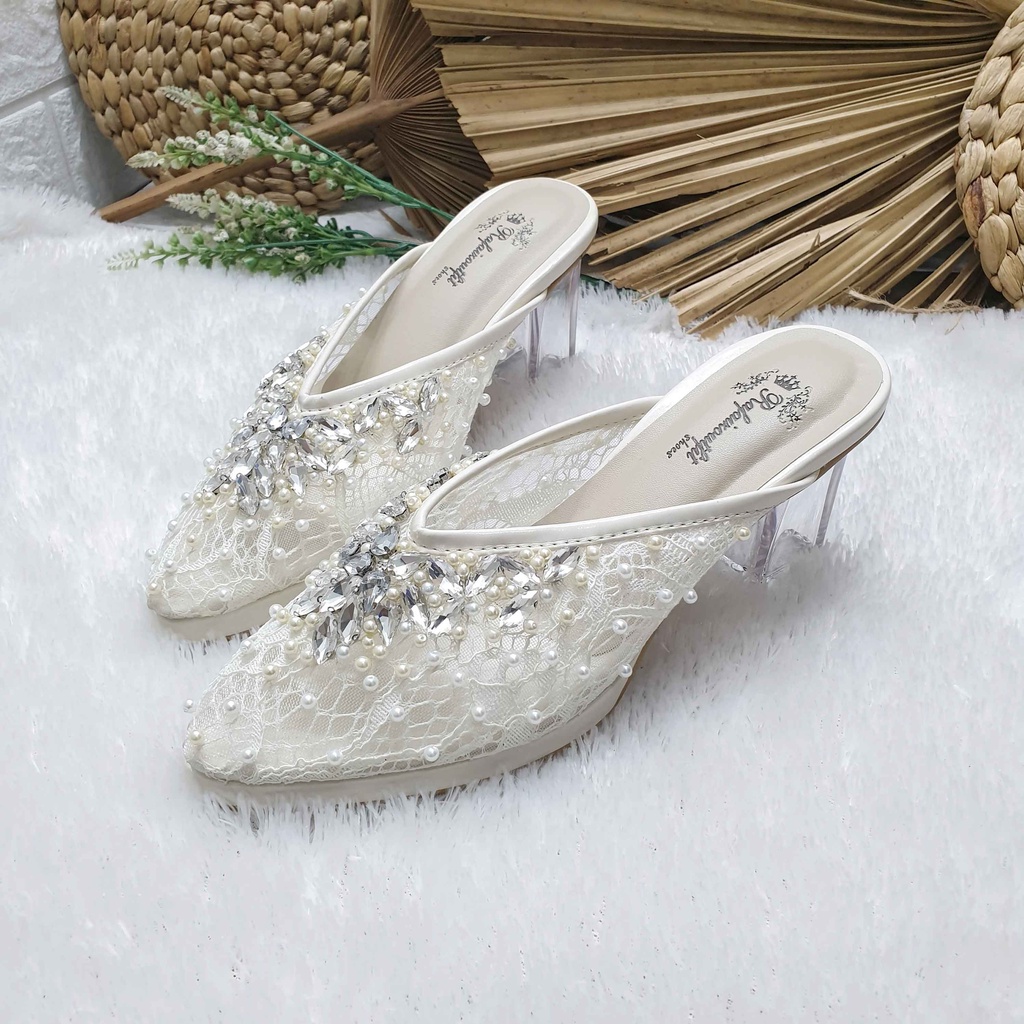 Jual Sepatu wedding pesta cantik dhara broken white 7cm kaca | Shopee ...