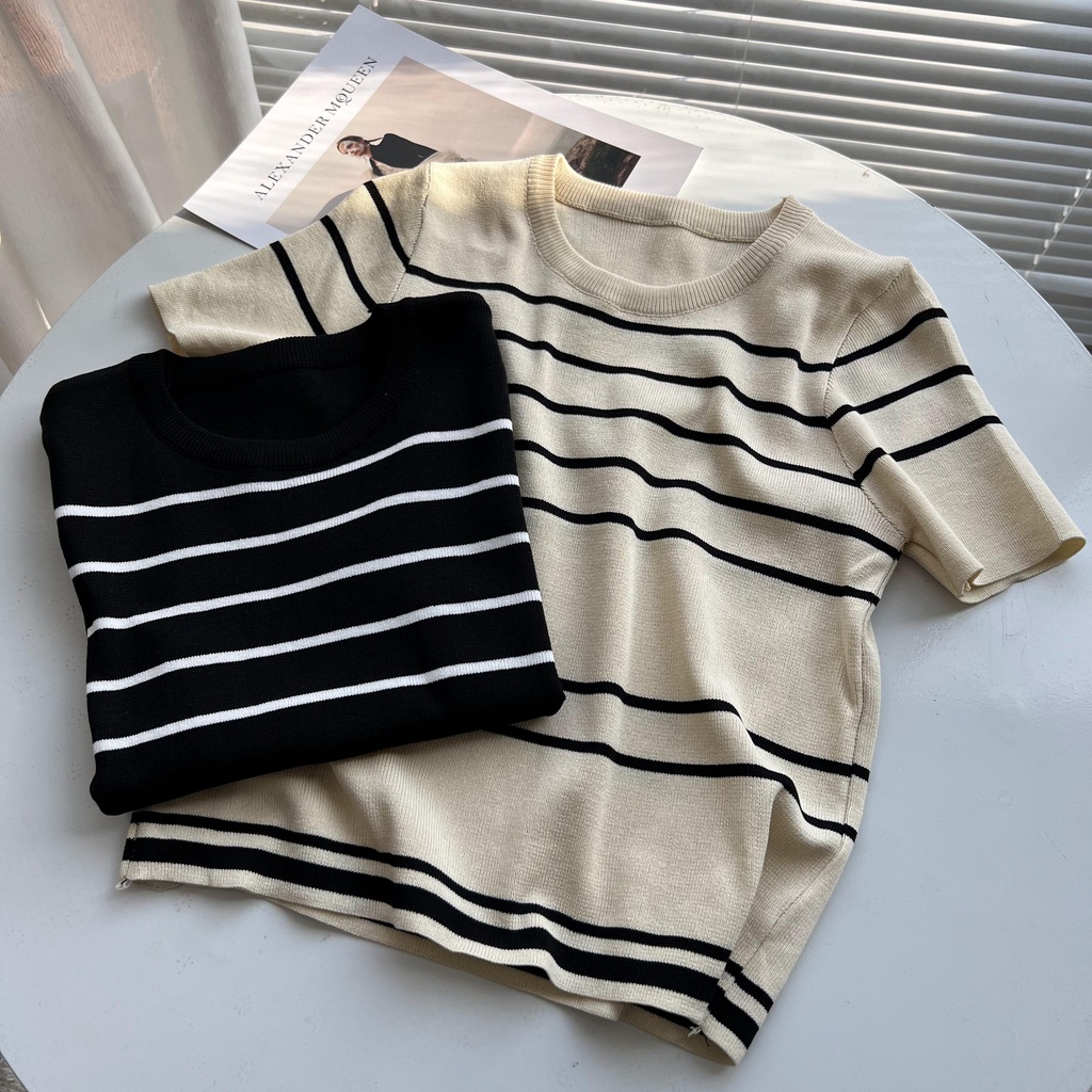 Jual SEZO. Kaos Korean Style Knit Lengan Pendek Wanita Import Atasan Rajut Crop Top Striped T ...