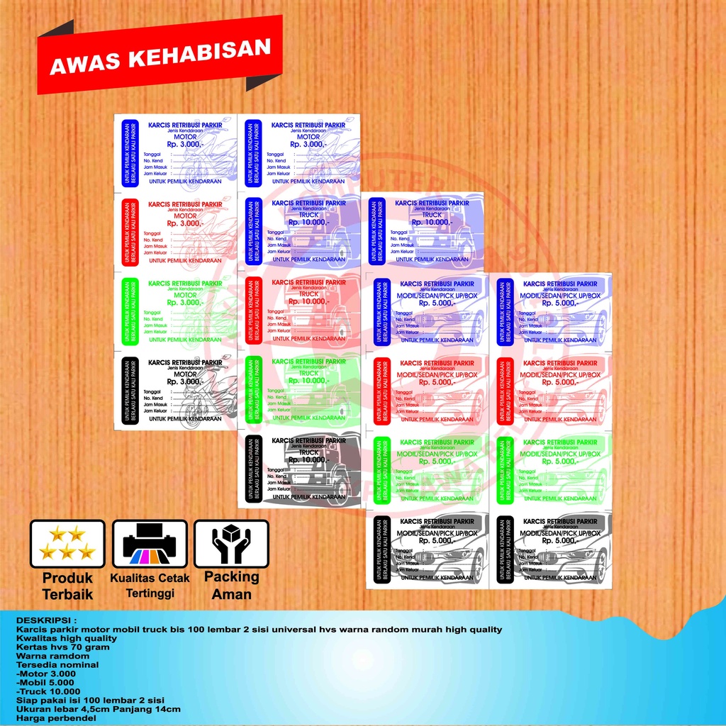 Jual Karcis parkir motor mobil truck bis 100 lembar 2 sisi universal ...