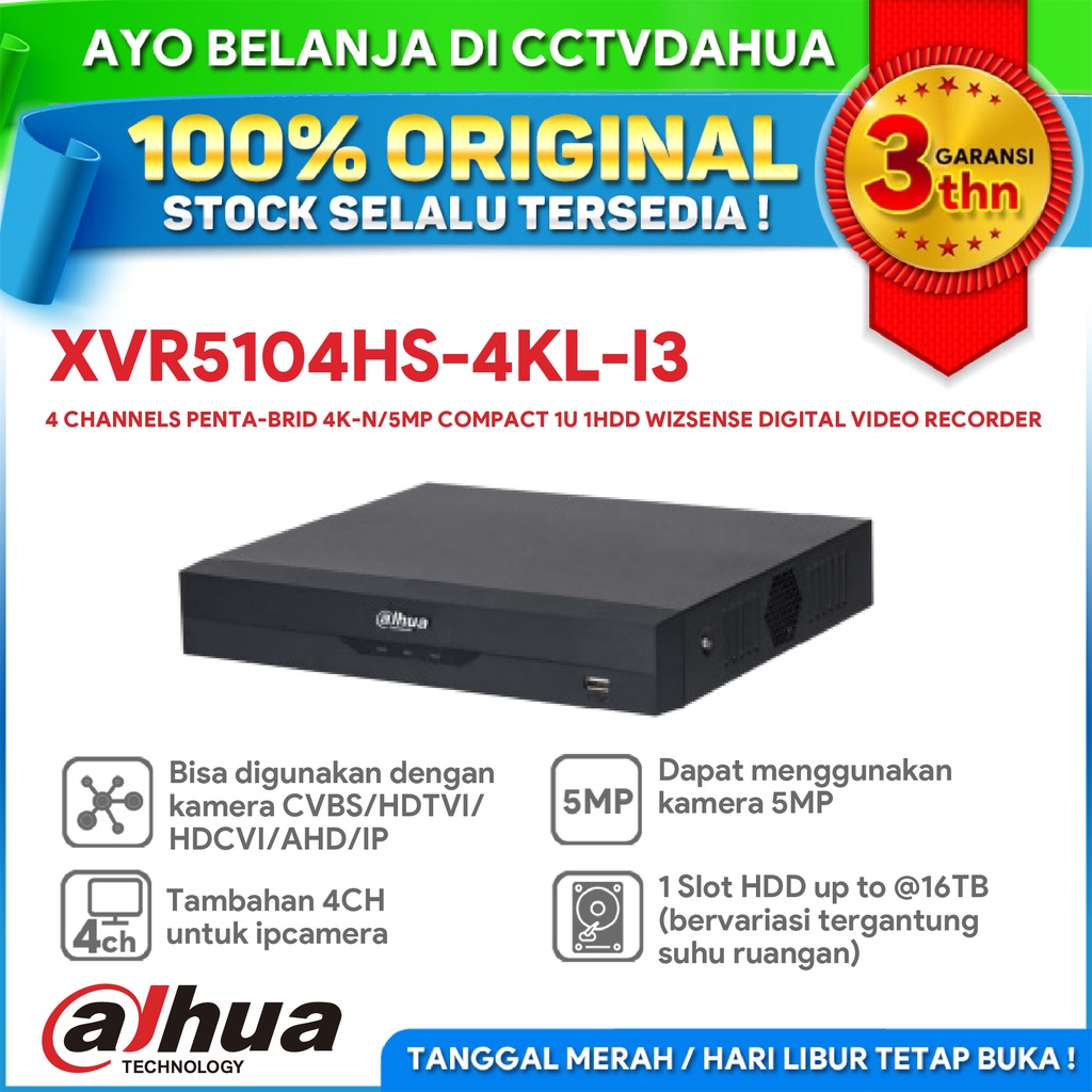 Jual DAHUA XVR5104HS-4KL-I3 4CH PENTA-BRID 1U 1 SLOT HDD WIZSENSE H.265 ...
