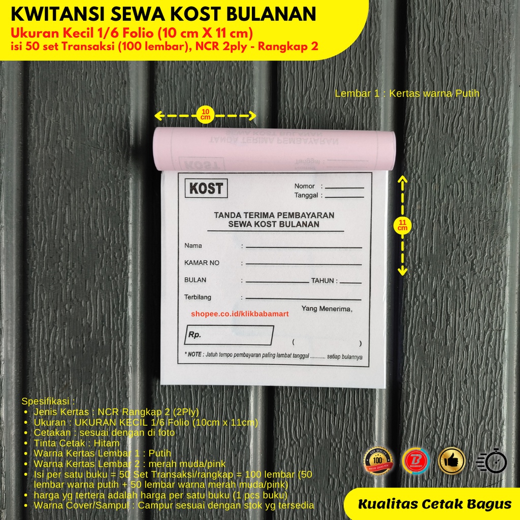 Jual KWITANSI KOST KONTRAKAN RUMAH PETAK BULANAN UKURAN KERTAS KECIL 1/ ...