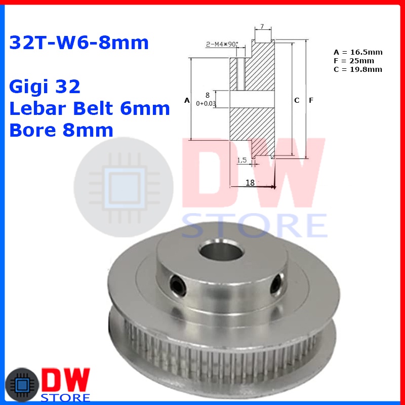 Jual 2GT GT2 Timing Pulley Teeth Gigi 30 32 40 48 60 80 Lebar 6mm Bore ...