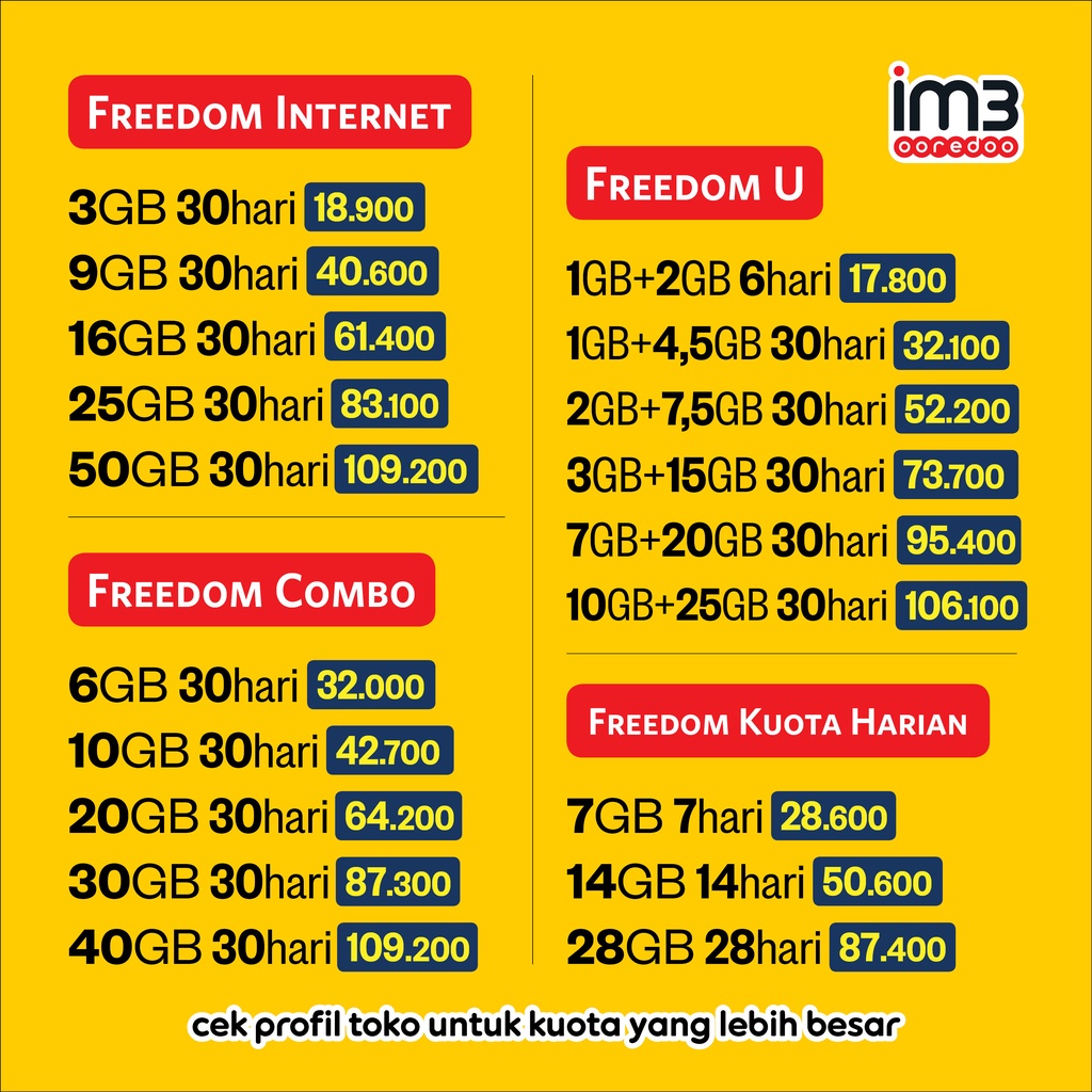 Jual Paket Internet Indosat IM3 Freedom U Unlimited Combo Kuota Data 2GB 3GB 5,5GB 9GB 10GB 16GB ...