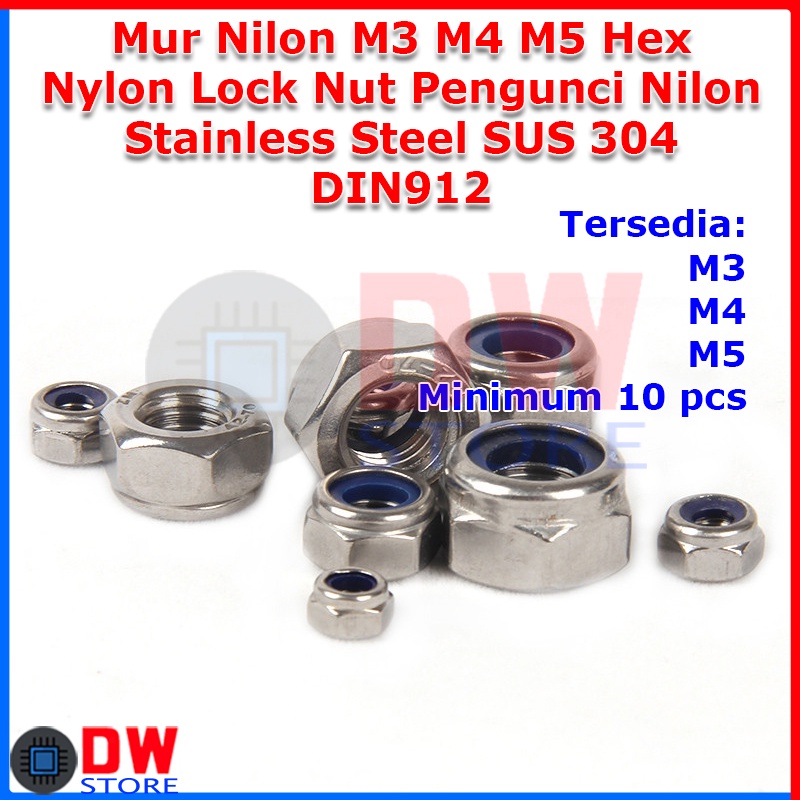 Jual Mur Nilon Nylon Lock Nut M3 M4 M5 Stainless SUS304 SS 304 Anti Karat Minimal 10pcs | Shopee ...