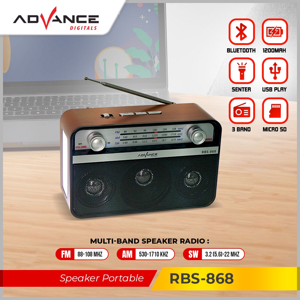 Jual Advance RBS 868 Bluetooth speaker model radio klasik klasik dengan penyetelan Led, garansi ...