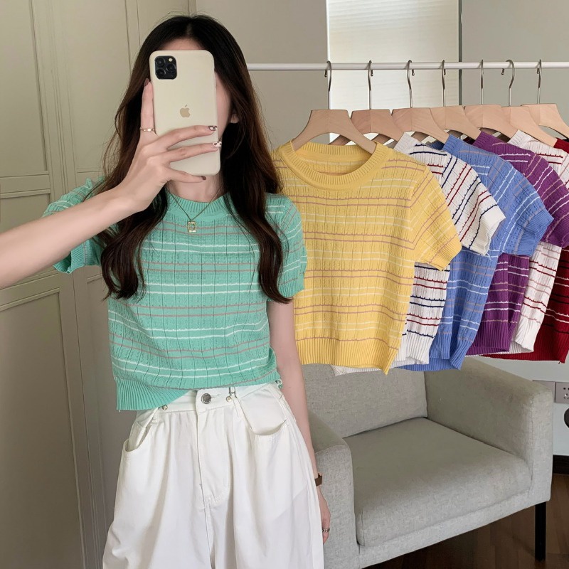 Jual COD Knitwear Crop Top Kaos Rajut Lengan Pendek Wanita Striped T-shirt Knit Atasan Korean ...