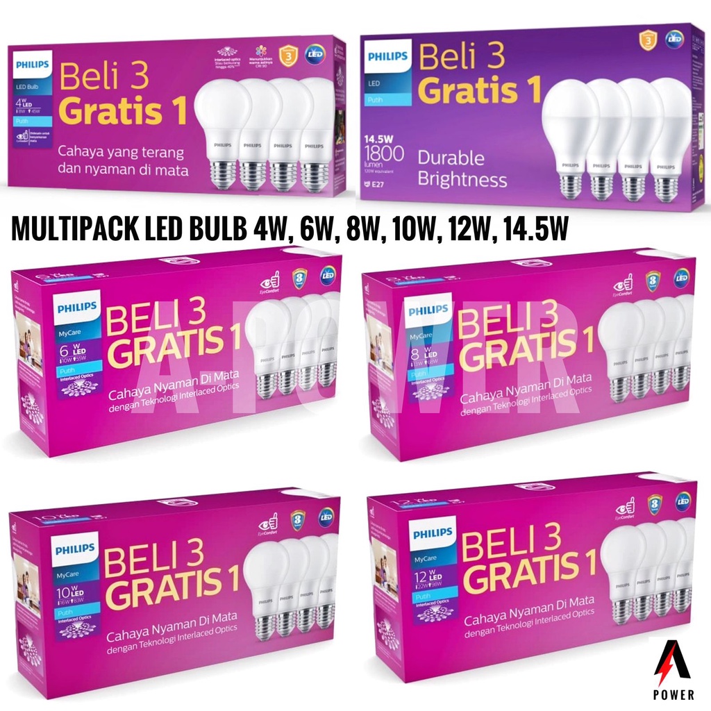 Jual Philips - Lampu LED Bulb/Bohlam Multipack 4W, 6W, 8W, 10W, 12W, 14.5W (Putih) | Shopee ...
