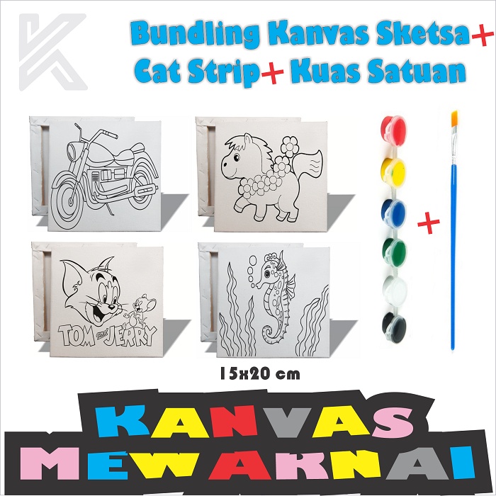 Jual BUNDLING Kanvas Sketsa Gambar 15x20 cm + Kuas Satuan + Cat Strip 6 ...