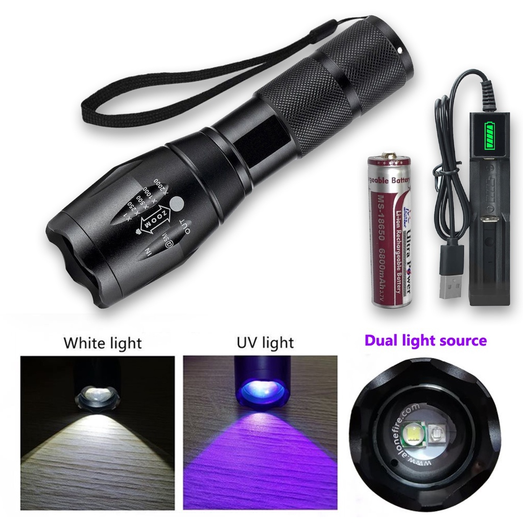 Jual Senter UV Dual LED Ultraviolet Cahaya Ungu dan Cahaya Putih Dapat di Zoom Metal Jig Deteksi ...