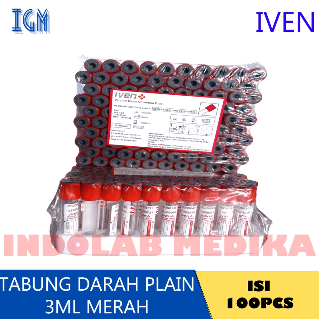Jual TABUNG DARAH PLAIN 3ML WARNA MERAH MERK IVEN | VACUTAINER PLAIN ...