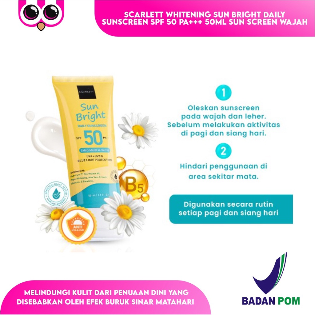 Jual SCARLETT WHITENING SUN BRIGHT DAILY SUNSCREEN SPF 50 PA+++ 50ML ...