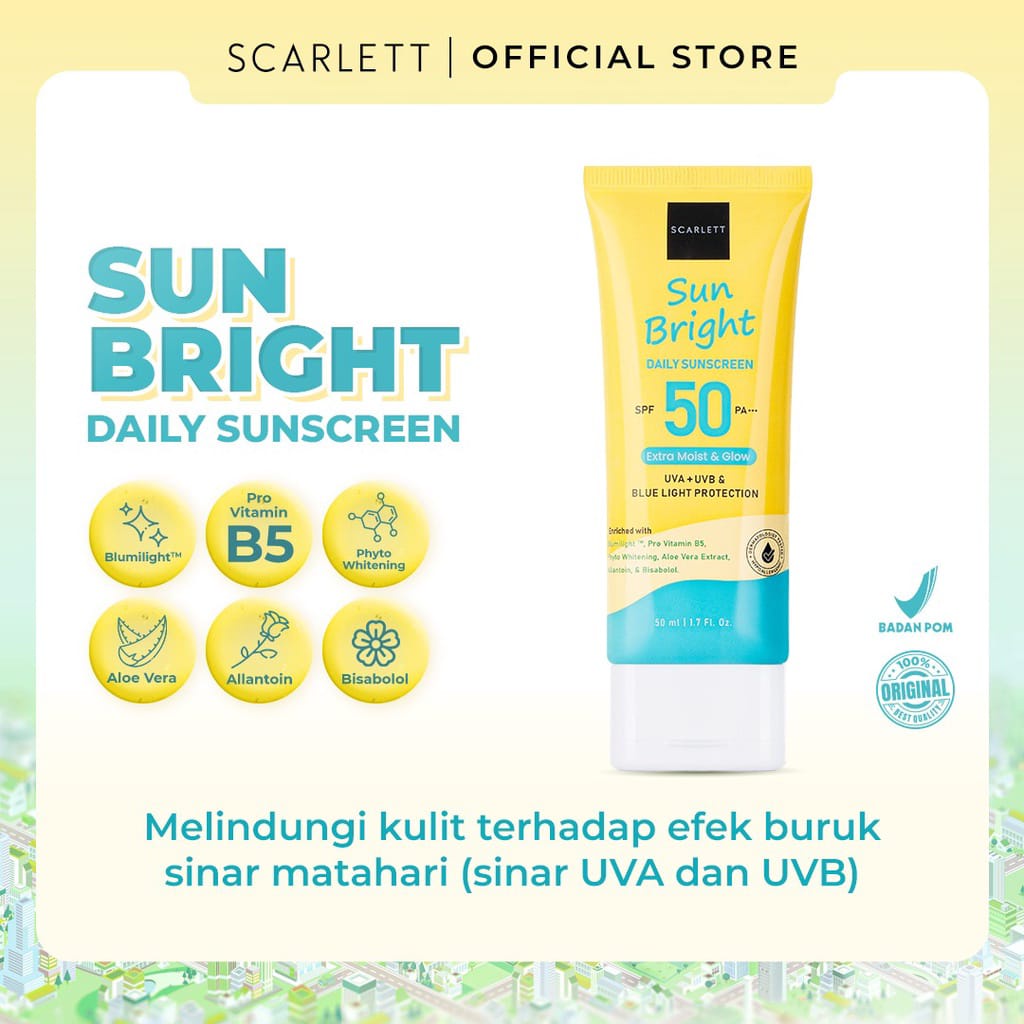Jual Scarlett Sun Bright Daily Sunscreen SPF 50 PA+++ 50ml | Shopee ...