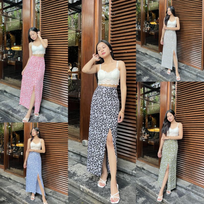Jual Rok Belah samping panjang - Korean Style - Rok motif bunga A-Line ...