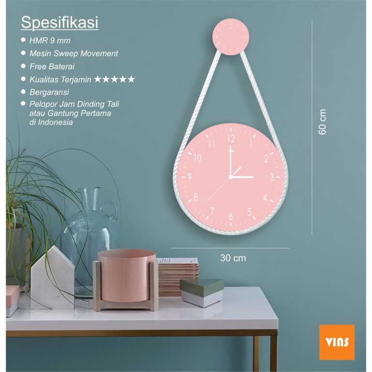 Jual Jam Dinding kayu / wall Clock Shaby Scandinavian Tali - Pink Angka ...