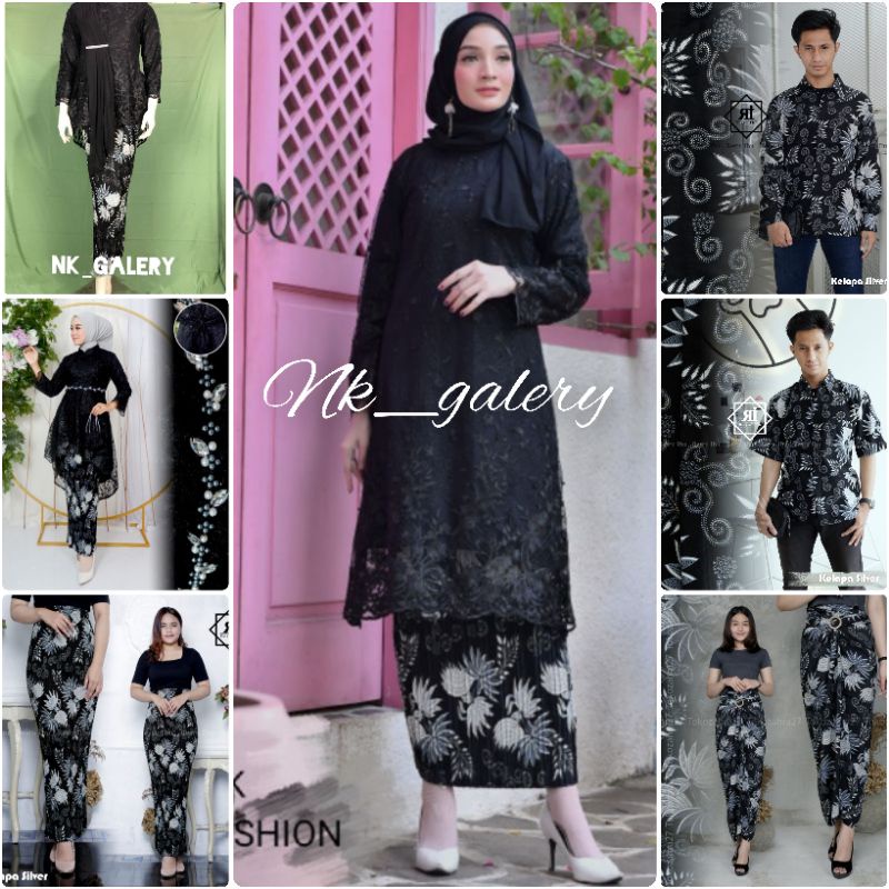 Jual COUPLE KEBAYA MODERN HIJAB SERI HITAM BATIK DAUN KELAPA SILVER ...