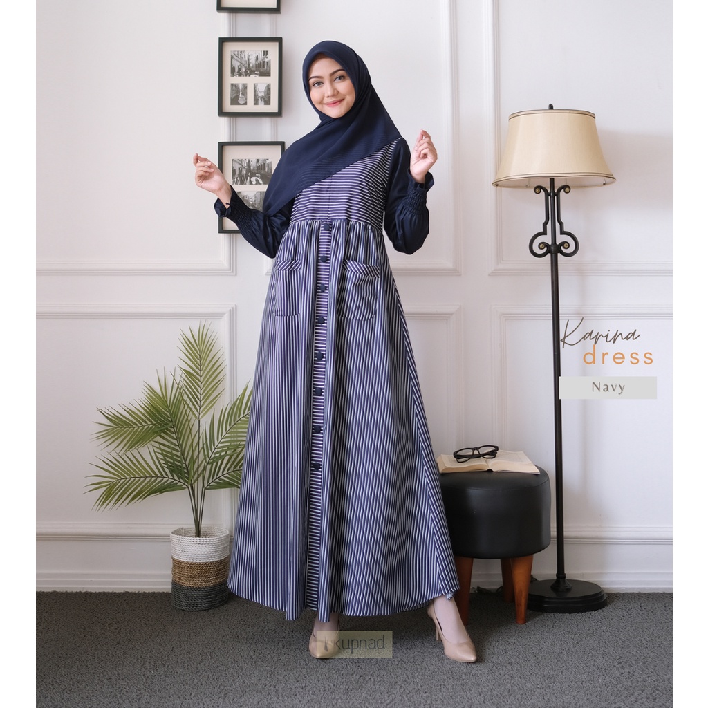Jual KUPNAD Gamis katun Salur - Karina Dress Navy | Shopee Indonesia