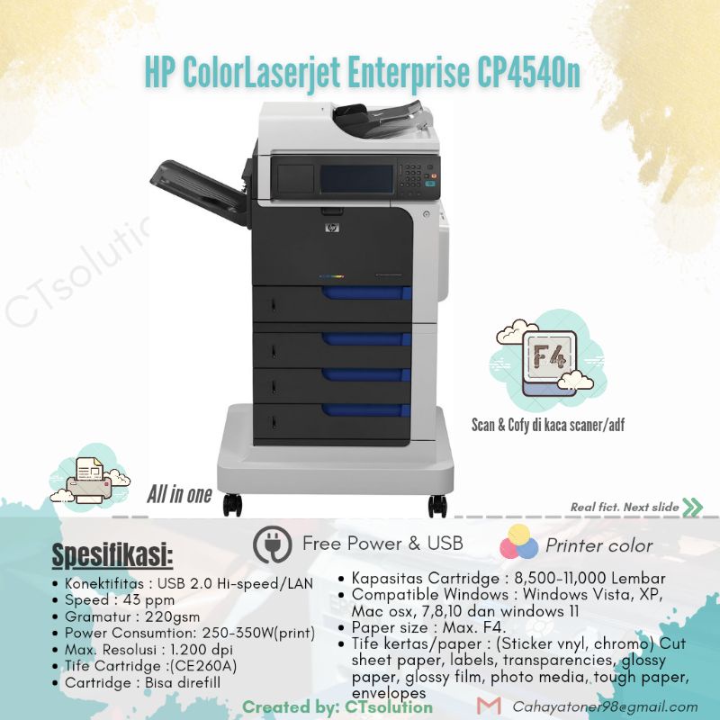 Jual Printer HP LaserJet color CM4540 MFP Ukuran kaca scaner F4 ...