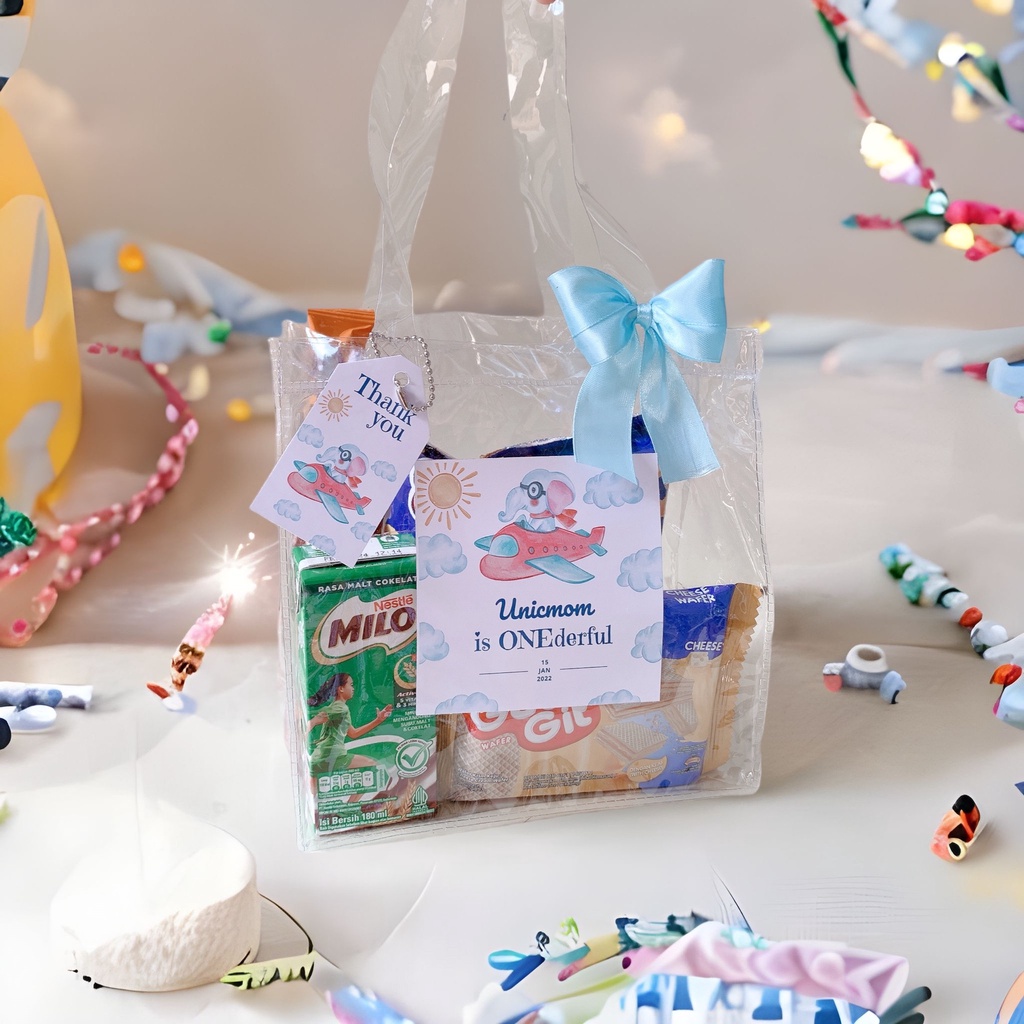 Jual Tas Mika snack ulang tahun custom sticker + Pita & Tag Uk 20x20x10 ...