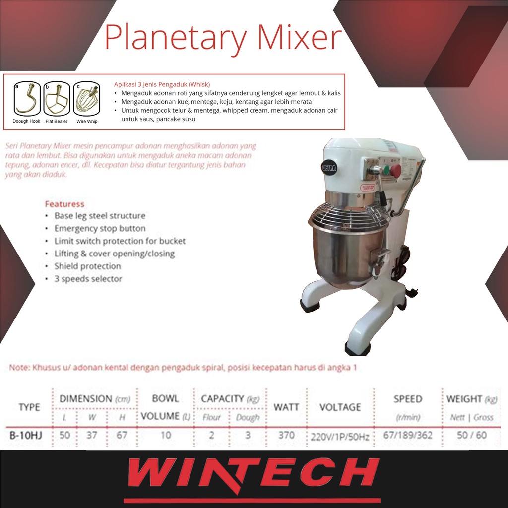Jual Getra B-10HJ Planetary Mixer 10 Liter / Mixer Roti & Kue Dengan 3 Mata Pisau - Kapasitas ...