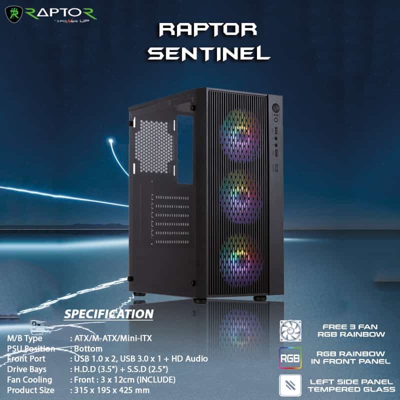 Jual Casing PC Power Up Raptor Sentinel Mid Tower ATX With 3 Fan Case ...