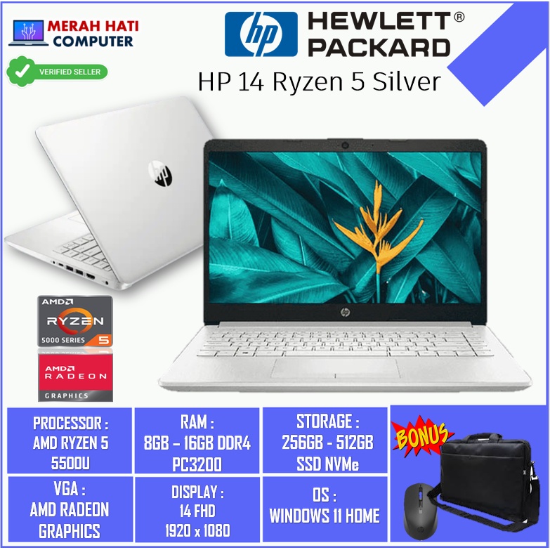 Jual Laptop New Slim HP 14 AMD RYZEN 5 5500U 16GB 512GB 14FHD Windows ...