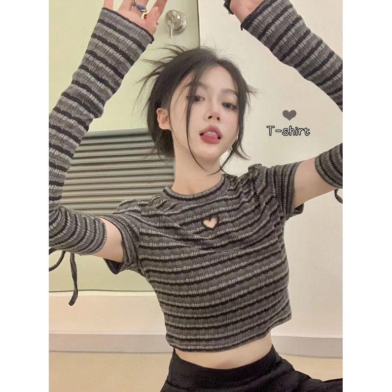 Jual COD##Kaos Lengan Panjang Bergaris Berongga Cinta Pendek Wanita ...