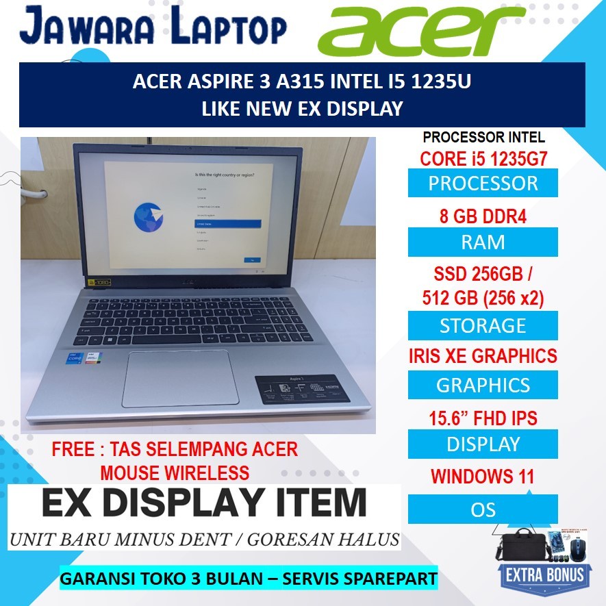 Jual LAPTOP ACER I5 GEN 12 ACER ASPIRE 3 A315 INTEL I5 1235U SSD WIN11 ...