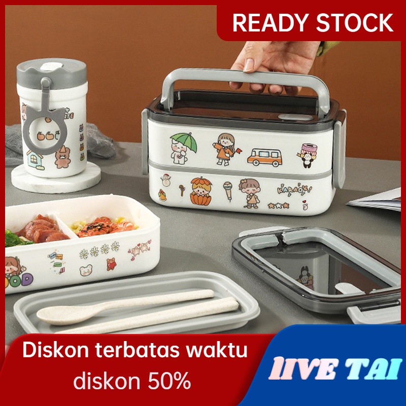 Jual lunch box Kotak Tempat Bekal Makan 1400ml Double layer abu-abu/biru Free Sendok dan Garpu ...