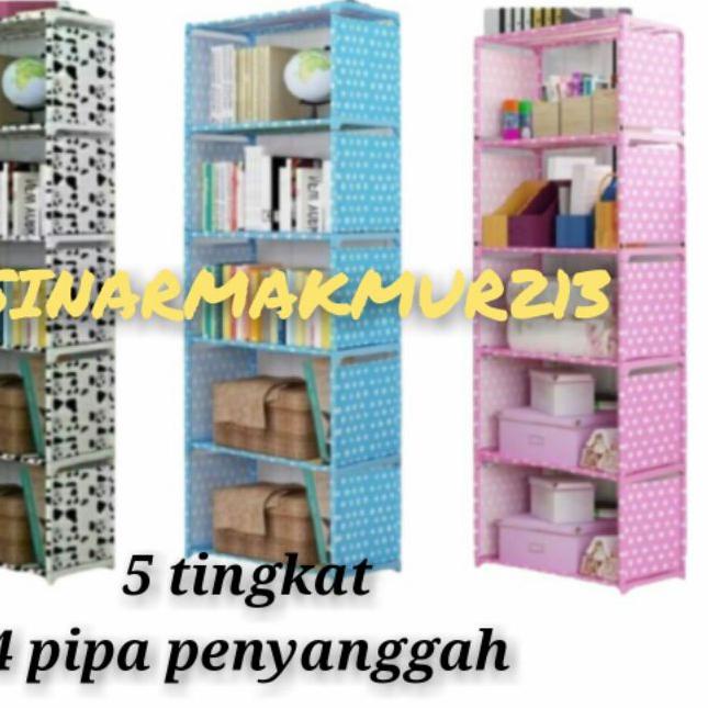 Jual rak buku portable 5 susun + kain penutup belakang rak buku 5 layer ...