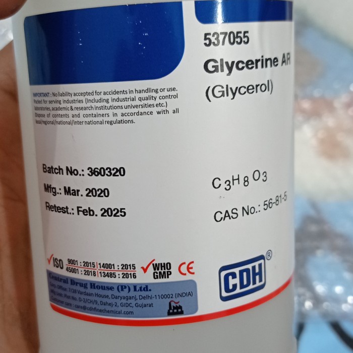 Jual GLYCERINE / GLYCEROL AR 99% CDH FINE 500ML | Shopee Indonesia