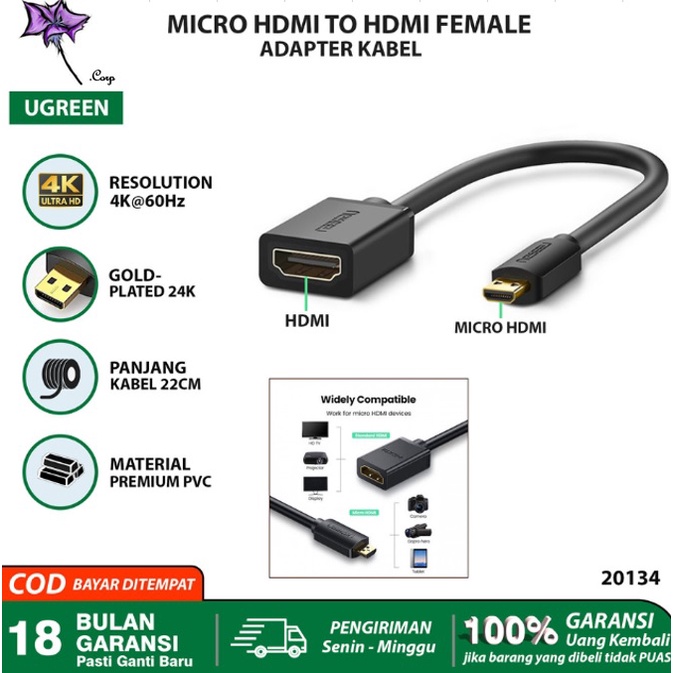 Jual UGREEN Micro Hdmi Male to Hdmi Female 4K 3D Adapter Mini Hdmi 22 CM | Shopee Indonesia