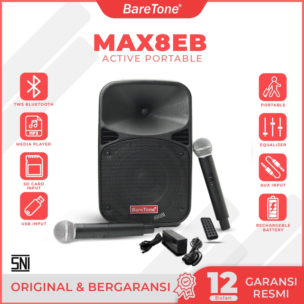 Jual BareTone Speaker Portable MAX08EB Speaker Bluetooth 8 Inch Mini ...