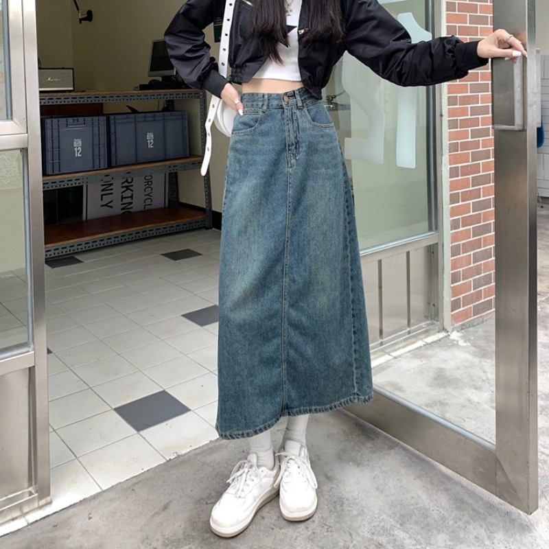Jual ROK Jeans Wanita Biru Retro / Highwaist Kasual Rok A-line Denim ...