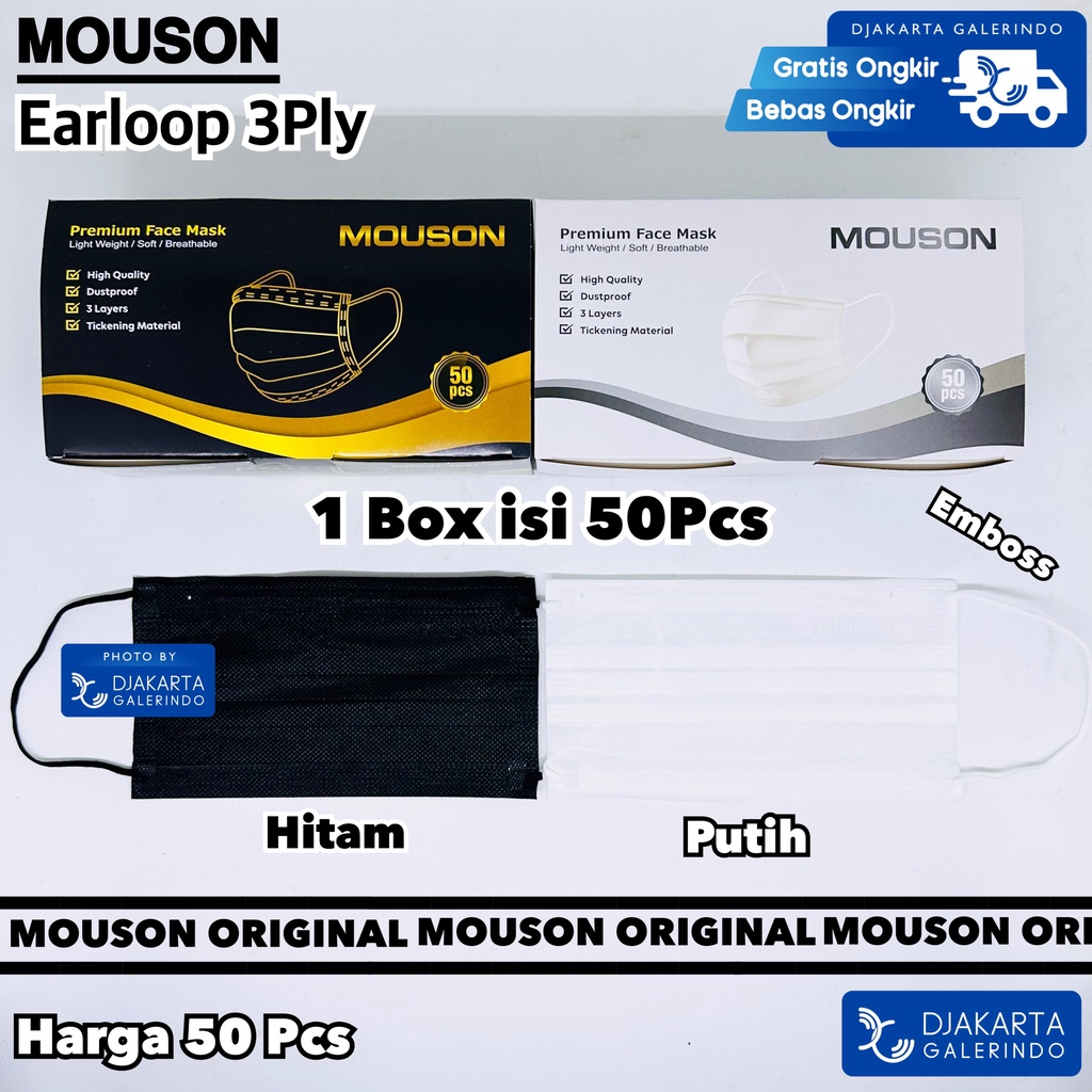 Jual Masker Earloop 3Ply Mouson Putih Hitam isi 50 Pcs | Shopee Indonesia