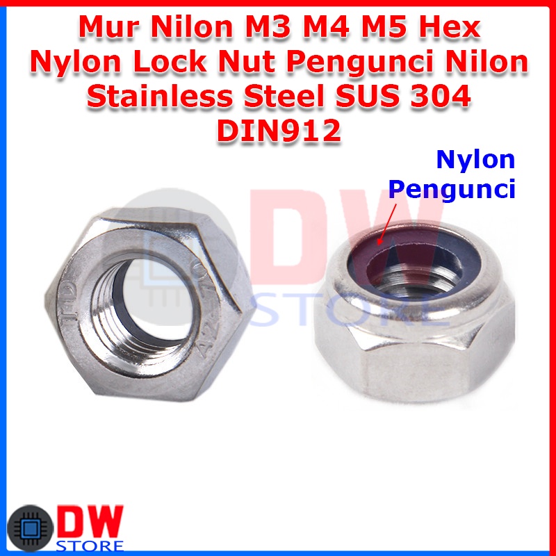 Jual Mur Nilon Nylon Lock Nut M3 M4 M5 Stainless SUS304 SS 304 Anti Karat Minimal 10pcs | Shopee ...