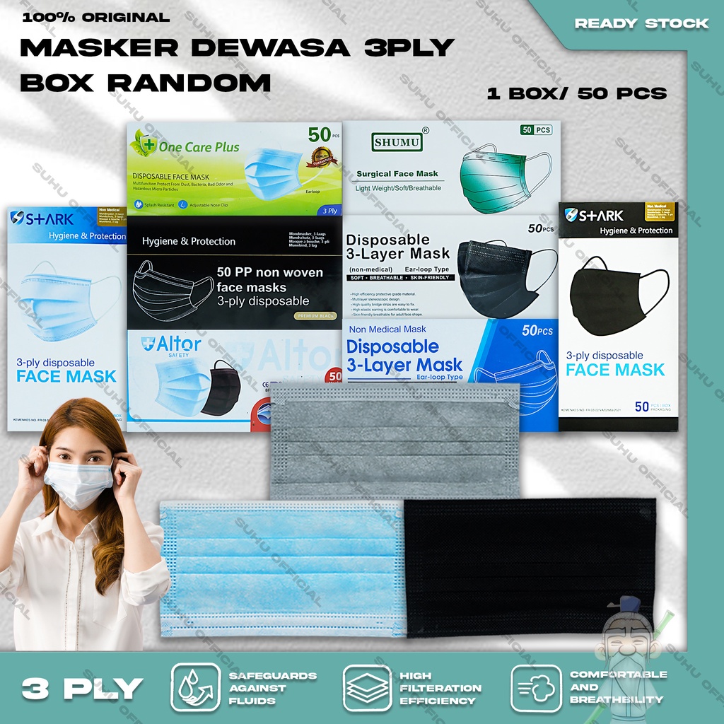 Jual ️SUHU ️ Masker Medis 3Ply Warna Biru Hitam Hijau Abu Putih 3 Ply ...