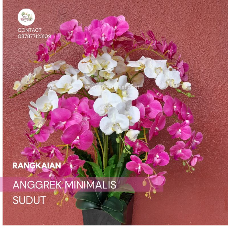 Jual rangkaian bunga anggrek latex palsu artificial T.150 cm + pot kayu ...