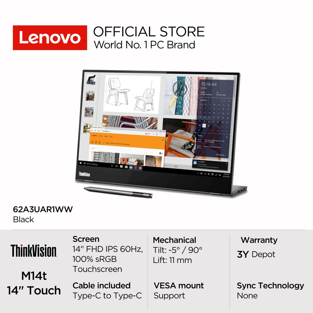 Jual Lenovo Monitor ThinkVision M14t with USB-C Pen 14" FHD IPS WLED ...