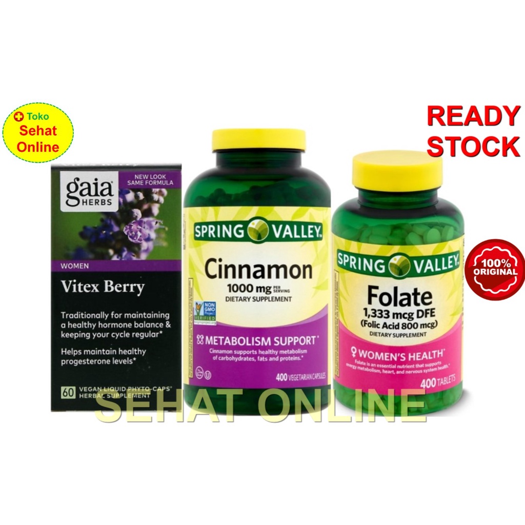 Jual Paket Gaia Vitex + Spring Valley Cinnamon + Folate 800 mcg(untuk ...