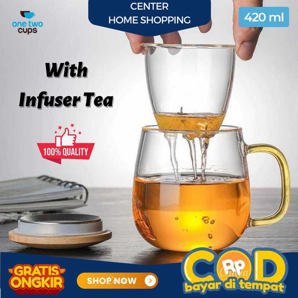 Jual Glass Tea Cup with Infuser and lid Gelas Cangkir Teh plus Saringan ...