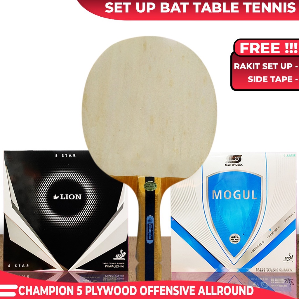 Jual Paket Bat Pingpong Rakitan Champion Lion 5 Star Sunflex Mogul | Shopee Indonesia