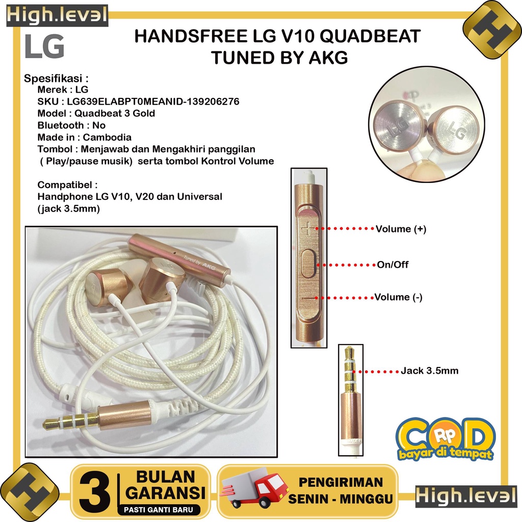 Jual Hansfree Earphone LG V10, V20 Quadbeat 3 Tuned by Akg Original ...