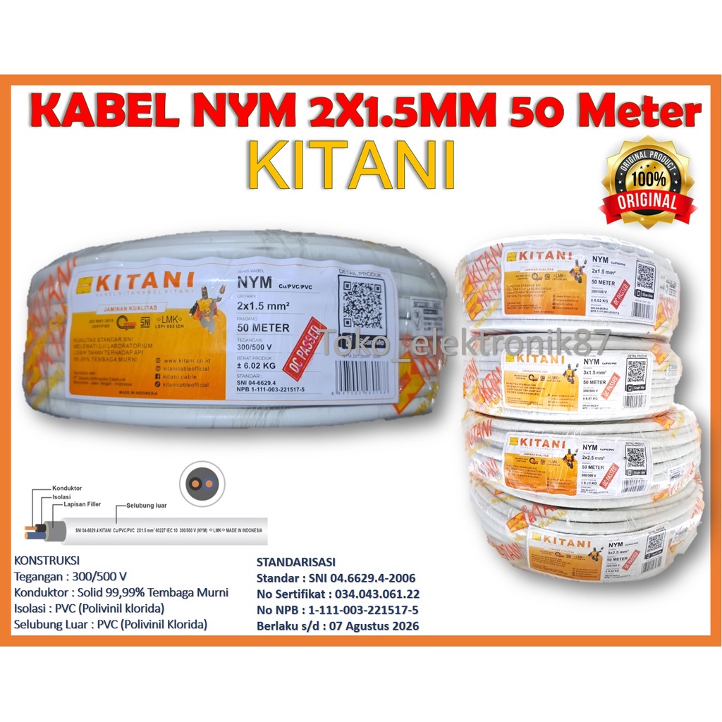 Jual Kabel Nym Kitani 2x1.5mm 50 Meter Listrik LMK SNI | Shopee Indonesia